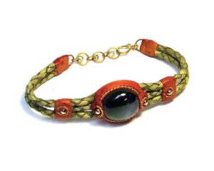 mia jewel shop round glass bead cat's eye cabochon braided dyed leather bracelet - womens fashion handmade jewelry boho accessories (olive)