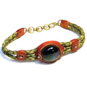 Mia Jewel Shop Round Glass Bead Cat's Eye Cabochon Braided Dyed Leather Bracelet - Womens Fashion Handmade Jewelry Boho Accessories (Olive)