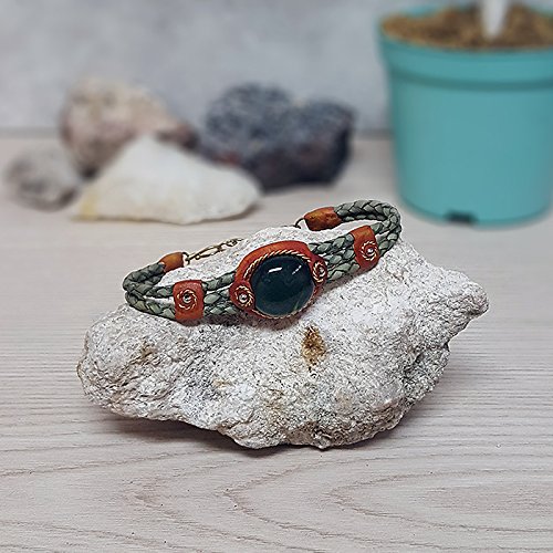 Mia Jewel Shop Round Glass Bead Cat's Eye Cabochon Braided Dyed Leather Bracelet - Womens Fashion Handmade Jewelry Boho Accessories (Olive)