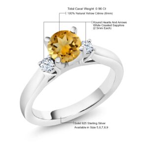 Gem Stone King 925 Sterling Silver Yellow Citrine and White Created Sapphire 3-Stone Engagement Ring For Women (0.90 Cttw, Round 6MM, Gemstone November Birthstone, Size 8)