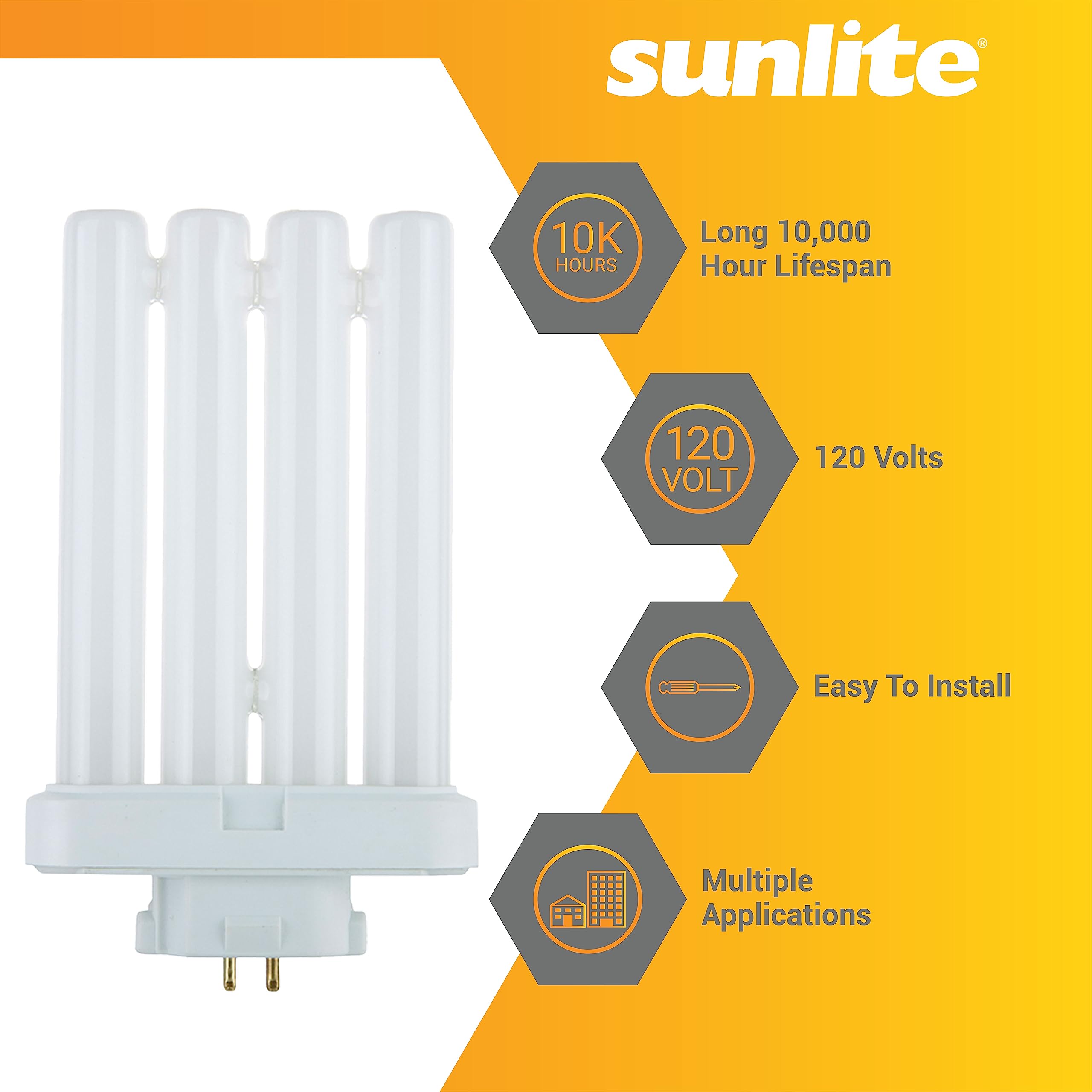 Sunlite FML27/65K/2PK Quad Tube Plug-in Compact Fluorescent Lamp, FML 4-Pin, 27 Watts, 1500 Lumens, 6500K Daylight, 4-Pin (GX10q4) Base, 120 Volts, 2 Pack