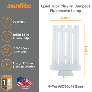 Sunlite FML27/65K/2PK Quad Tube Plug-in Compact Fluorescent Lamp, FML 4-Pin, 27 Watts, 1500 Lumens, 6500K Daylight, 4-Pin (GX10q4) Base, 120 Volts, 2 Pack