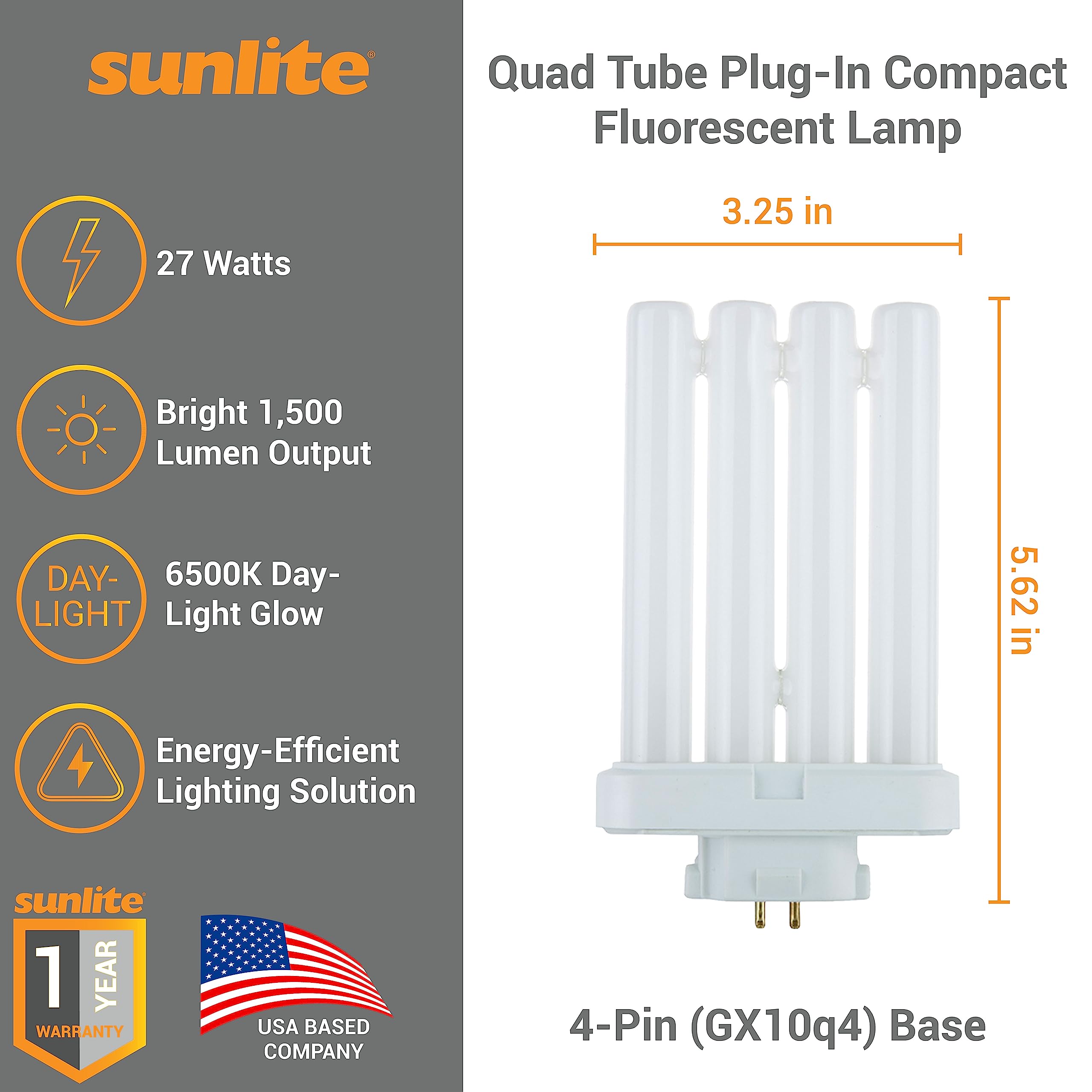 Sunlite FML27/65K/2PK Quad Tube Plug-in Compact Fluorescent Lamp, FML 4-Pin, 27 Watts, 1500 Lumens, 6500K Daylight, 4-Pin (GX10q4) Base, 120 Volts, 2 Pack