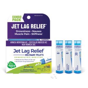 boiron jet lag relief kit - travel essential for relief from nausea, stiffness, muscle pain, and drowsiness from long flights - 3 count (240 pellets)