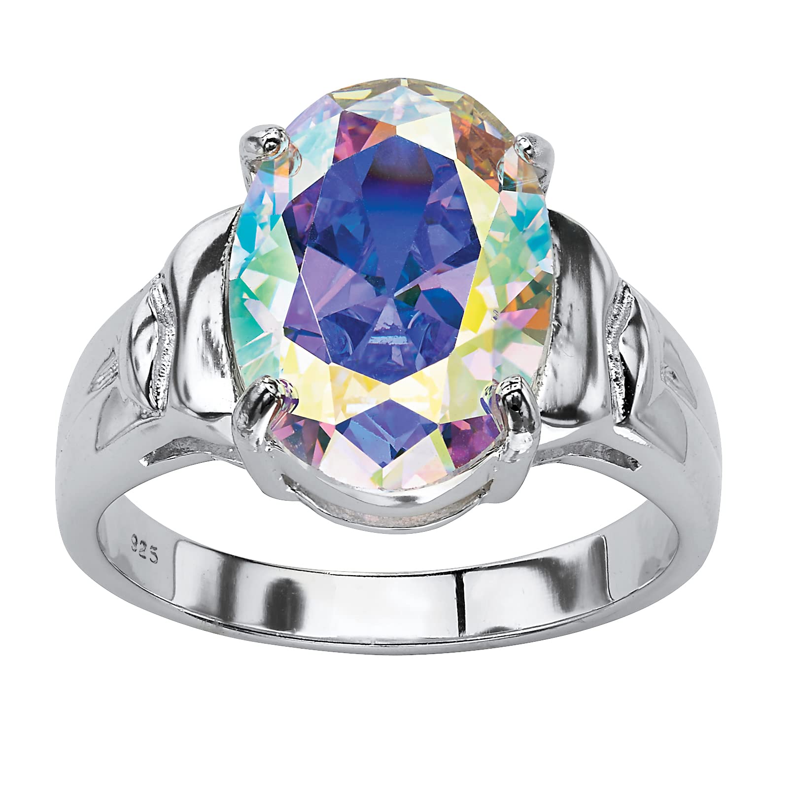 PalmBeach Jewelry .925 Sterling Silver or Yellow Gold-Plated Oval Cut Aurora Borealis Cubic Zirconia Ring Size 8