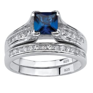 palmbeach jewelry platinum plated .925 sterling silver princess cut white cubic zirconia or created blue sapphire bridal ring set size 7