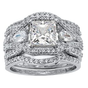 palmbeach platinum-plated sterling silver princess cut cubic zirconia 3 piece highway bridal ring set sizes 6-10 size 10