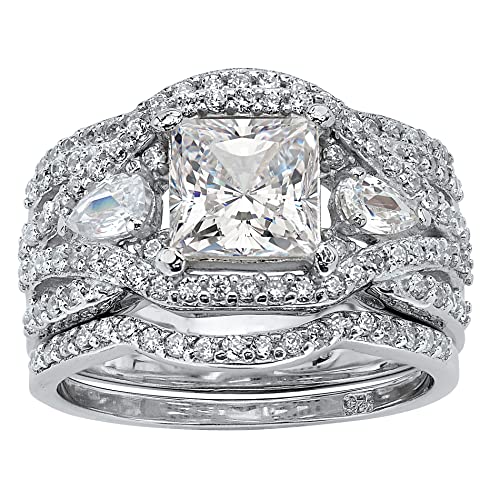 PalmBeach Platinum-plated Sterling Silver Princess Cut Cubic Zirconia 3 Piece Highway Bridal Ring Set Sizes 6-10 Size 10