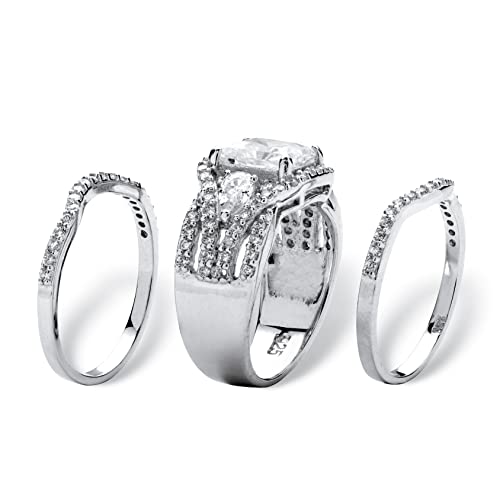 PalmBeach Platinum-plated Sterling Silver Princess Cut Cubic Zirconia 3 Piece Highway Bridal Ring Set Sizes 6-10 Size 10