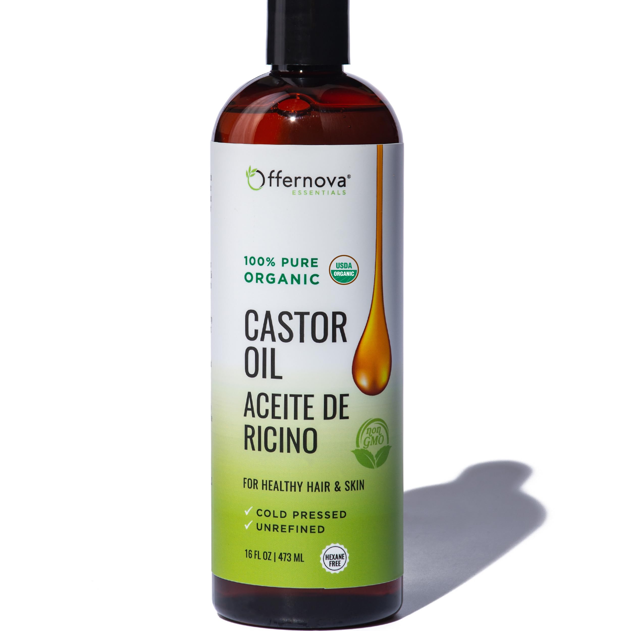 Offernova Castor Oil 16 OZ- Aceite de Ricino - Cold Pressed 100% Pure, Certified Organic, Hexane Free for Eyelashes, Eyebrows, Frizzy, Hair Growth Women and Men, Beard Growth