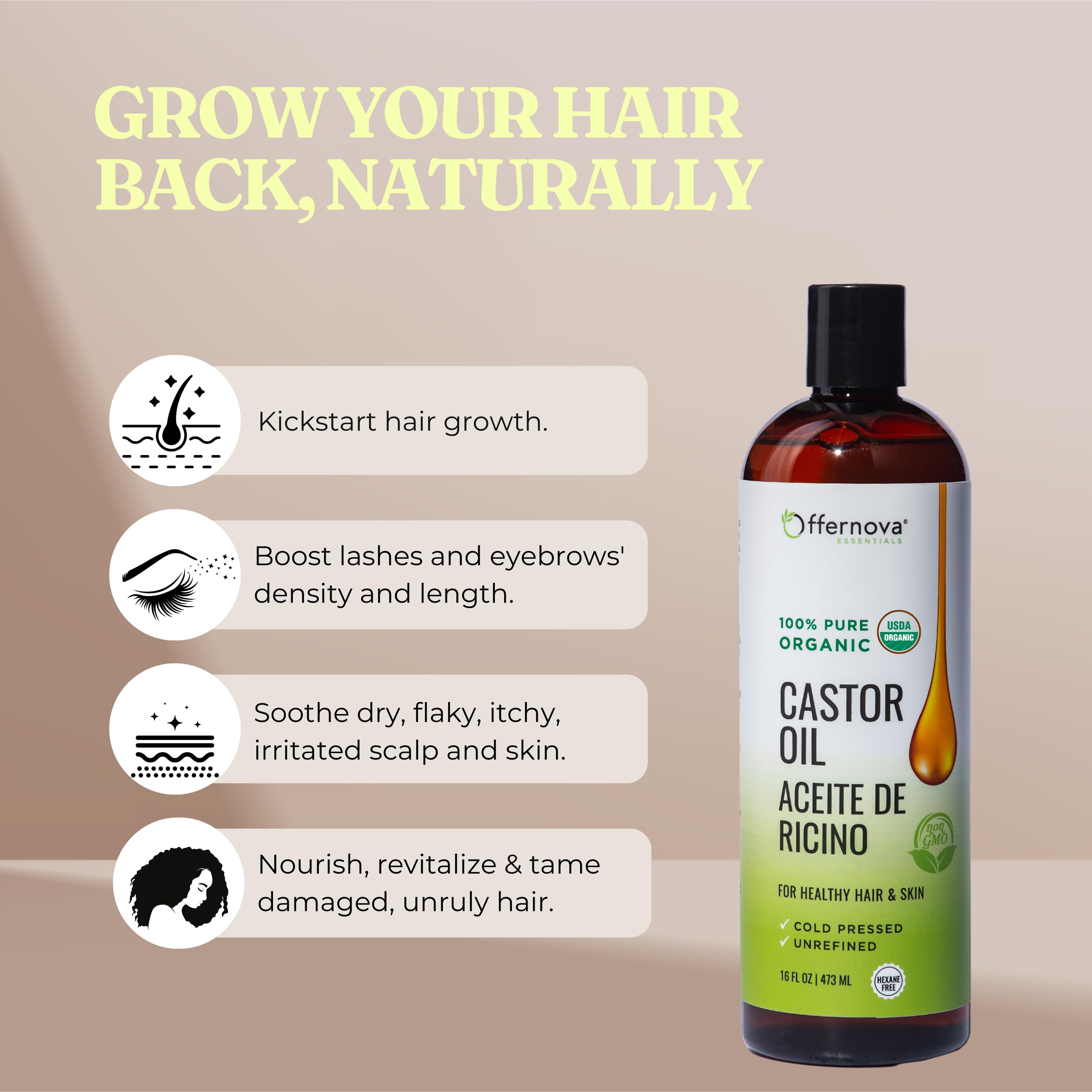 Offernova Castor Oil 16 OZ- Aceite de Ricino - Cold Pressed 100% Pure, Certified Organic, Hexane Free for Eyelashes, Eyebrows, Frizzy, Hair Growth Women and Men, Beard Growth