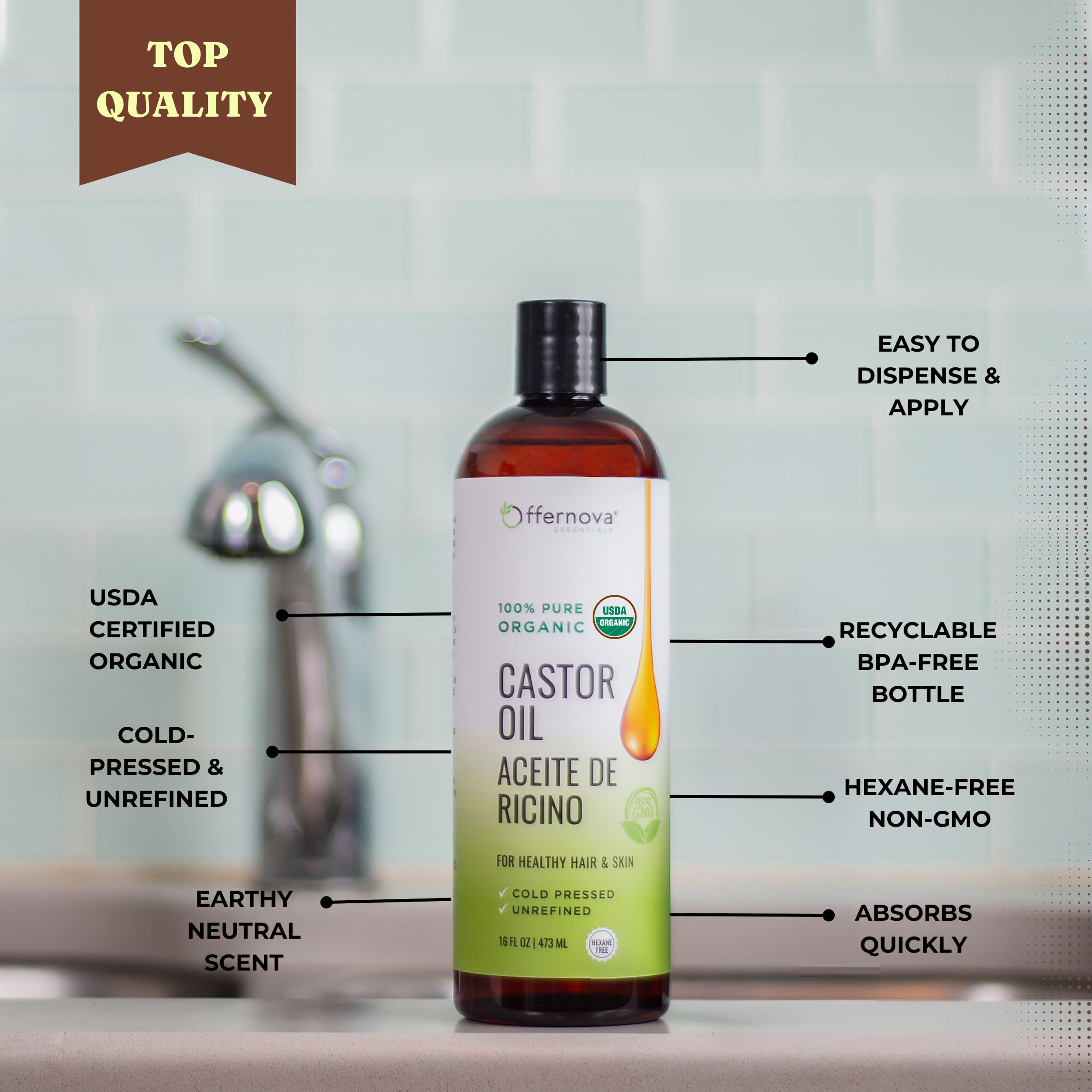 Offernova Castor Oil 16 OZ- Aceite de Ricino - Cold Pressed 100% Pure, Certified Organic, Hexane Free for Eyelashes, Eyebrows, Frizzy, Hair Growth Women and Men, Beard Growth