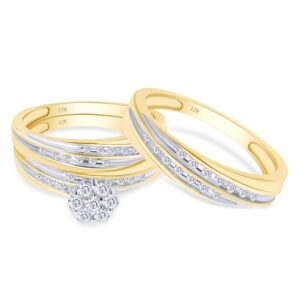 Jewel Zone US Round Cut White Cubic Zirconia Engagement & Wedding Trio Band Ring Set in 10k Solid Gold (0.38 Cttw)