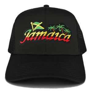 rgy rasta jamaica text island palm tree iron on patch ajustable trucker cap - black