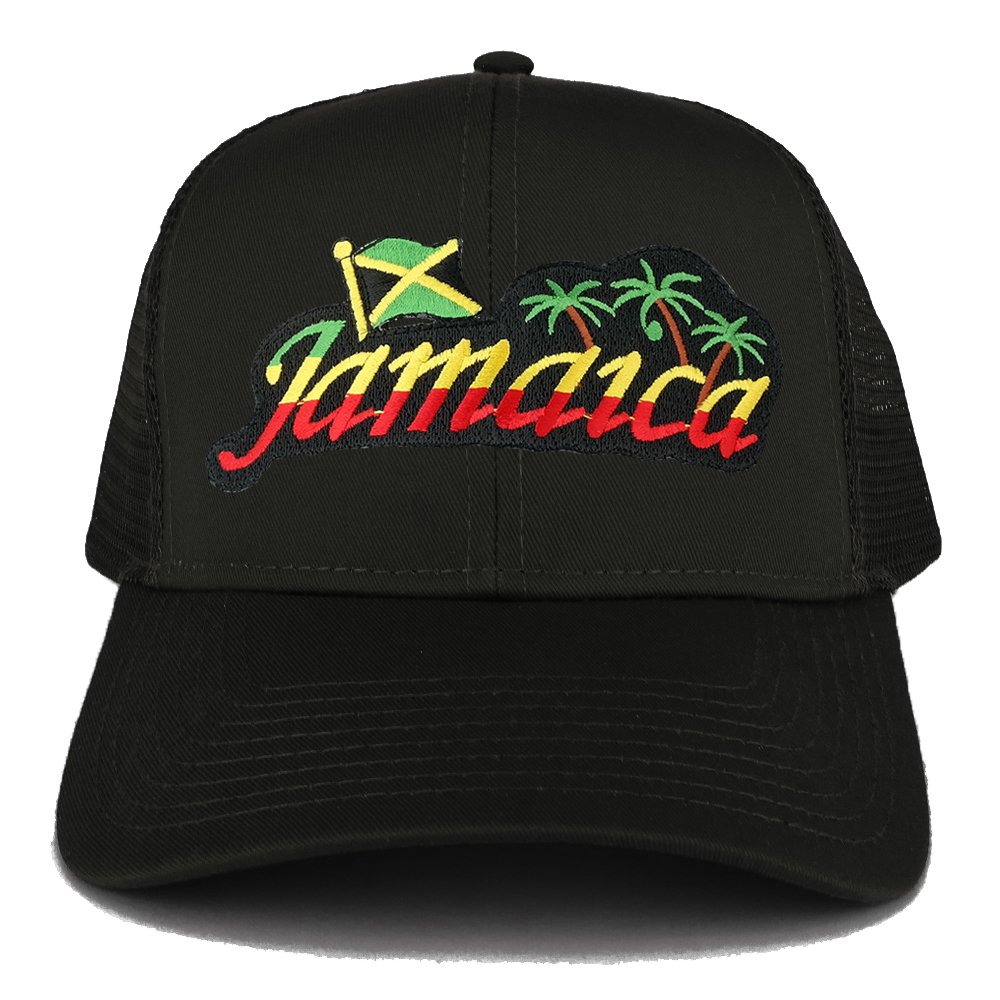 RGY Rasta Jamaica Text Island Palm Tree Iron on Patch Ajustable Trucker Cap - Black