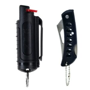 police magnum keychain pepper spray self defense belt clip combo- tactical safety key chains for women & men- made in the usa- 1 pack black inj pocket knife