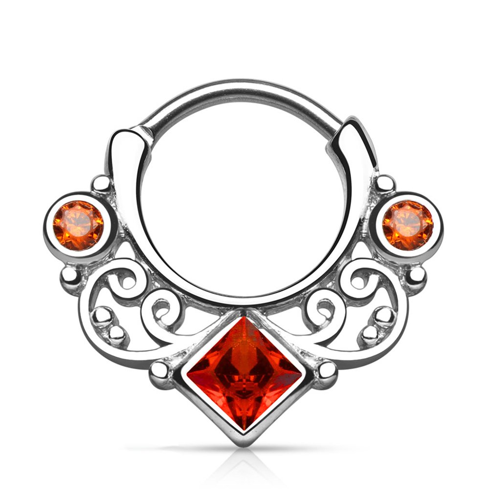 Dynamique 16G Lace Swirl Gem with Square CZ Center Septum Clicker (Red)