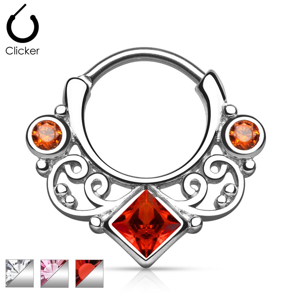 Dynamique 16G Lace Swirl Gem with Square CZ Center Septum Clicker (Red)