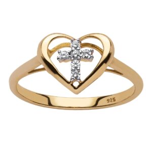 palmbeach 18k yellow gold-plated or platinum-plated sterling silver genuine diamond accent cross heart ring size 6