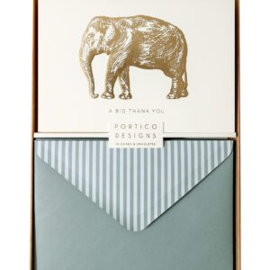 Portico Designs Gold Foiled Elephant Boxed Thank You Notecard Set of 10 with matching envelopes, Off White, Card size 14.8x10.5 cm