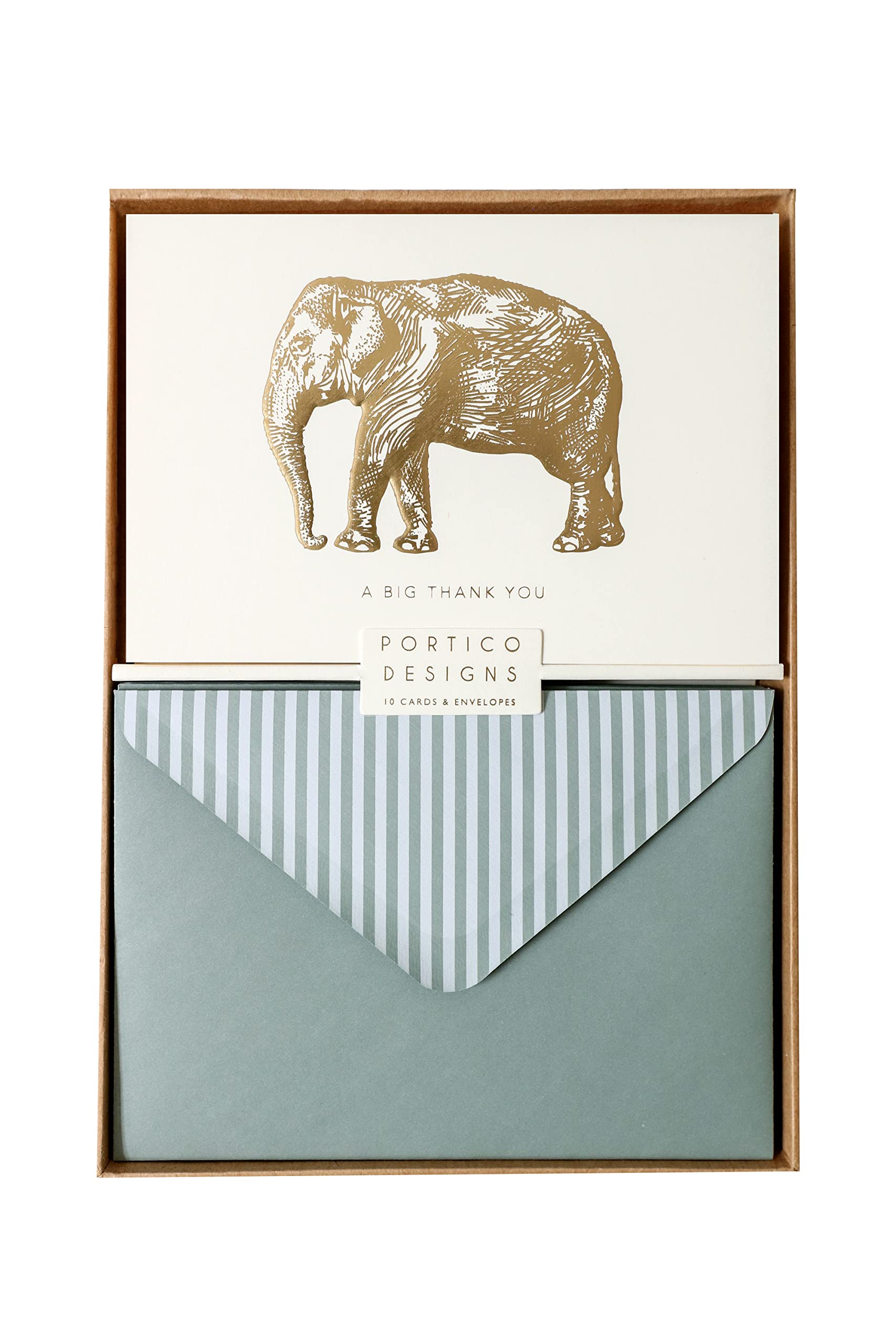 Portico Designs Gold Foiled Elephant Boxed Thank You Notecard Set of 10 with matching envelopes, Off White, Card size 14.8x10.5 cm