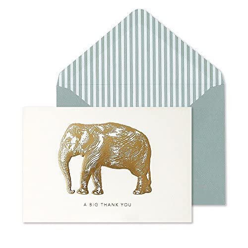 Portico Designs Gold Foiled Elephant Boxed Thank You Notecard Set of 10 with matching envelopes, Off White, Card size 14.8x10.5 cm