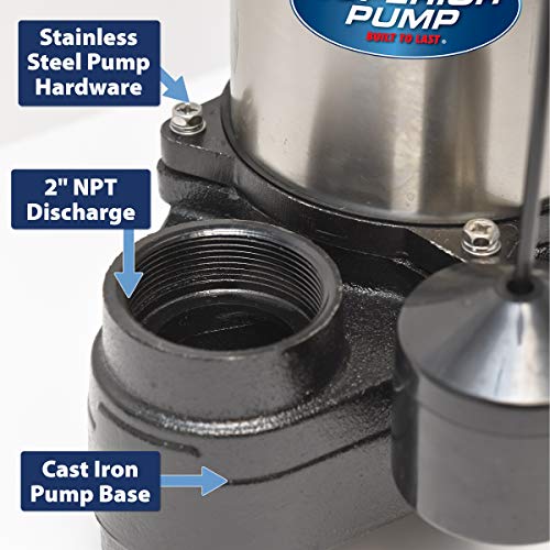 Superior Pump 92571 1/2 HP Stainless Steel and Cast Iron Sump Pump with Vertical Switch, .5 hp