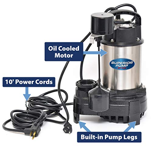 Superior Pump 92571 1/2 HP Stainless Steel and Cast Iron Sump Pump with Vertical Switch, .5 hp