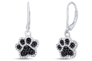 black & white natural diamond paw print dangle earrings in 14k white gold over sterling silver (1/6 ct)