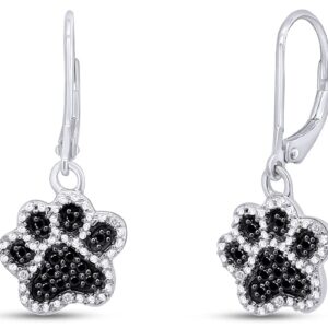 Black & White Natural Diamond Paw Print Dangle Earrings In 14K White Gold Over Sterling Silver (1/6 Ct)