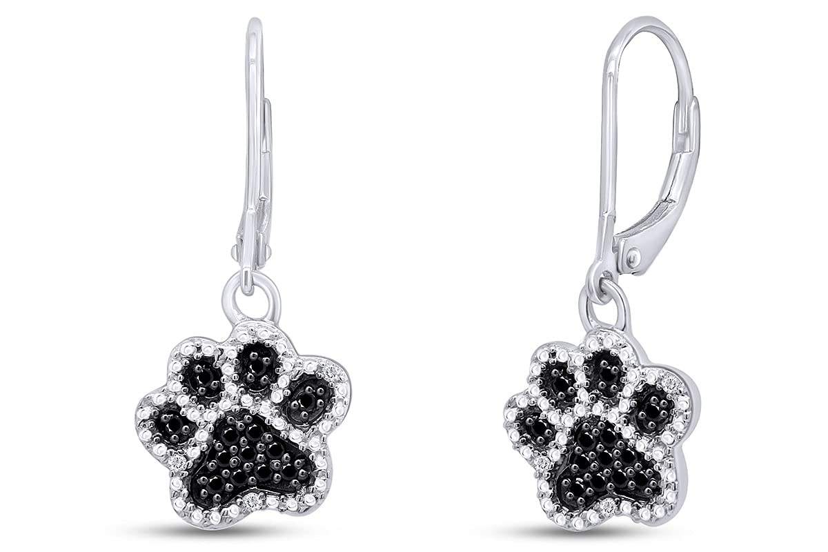 Black & White Natural Diamond Paw Print Dangle Earrings In 14K White Gold Over Sterling Silver (1/6 Ct)