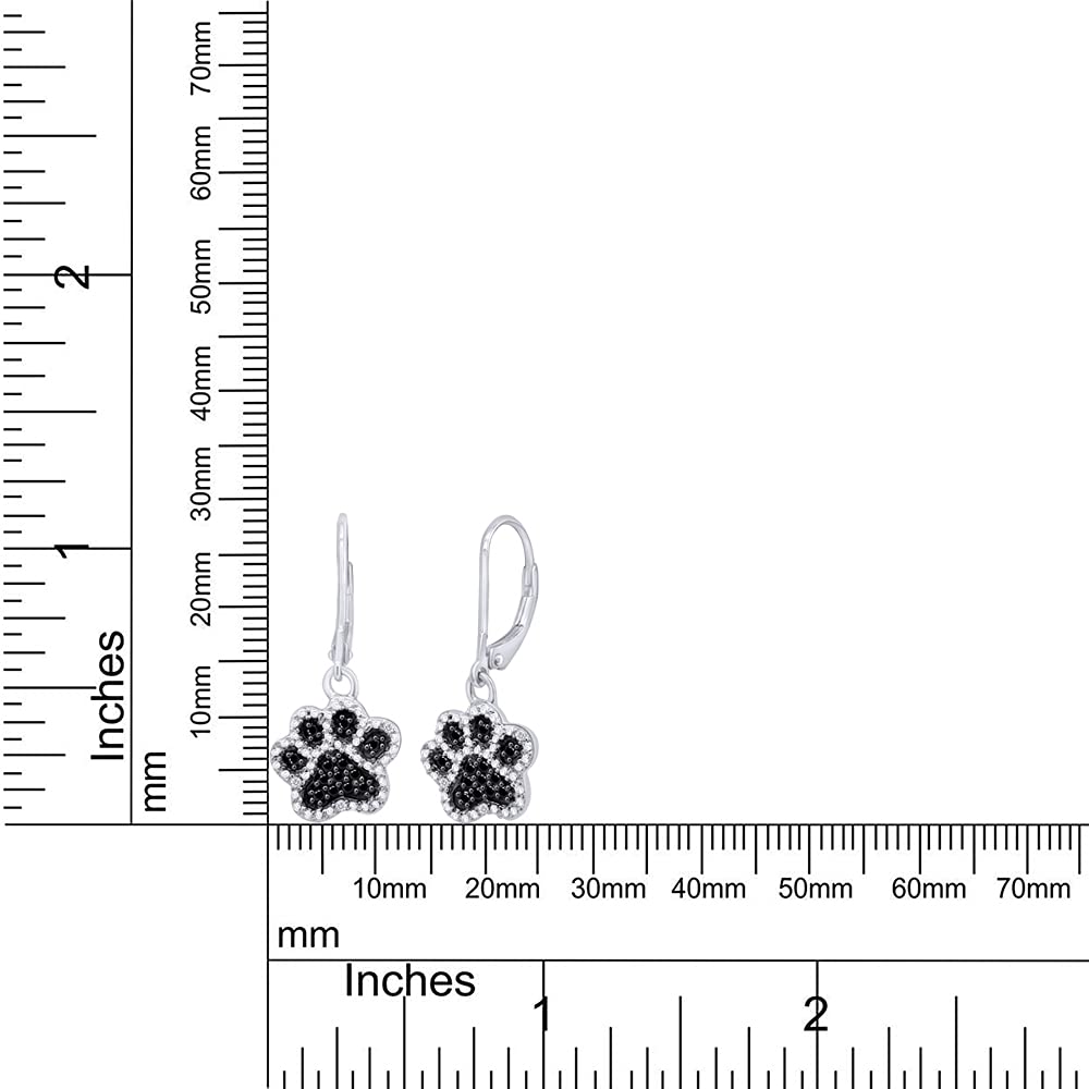 Black & White Natural Diamond Paw Print Dangle Earrings In 14K White Gold Over Sterling Silver (1/6 Ct)