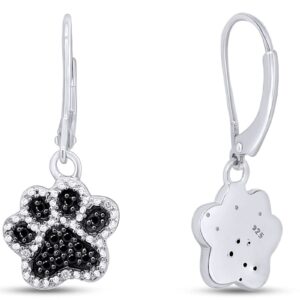 Black & White Natural Diamond Paw Print Dangle Earrings In 14K White Gold Over Sterling Silver (1/6 Ct)