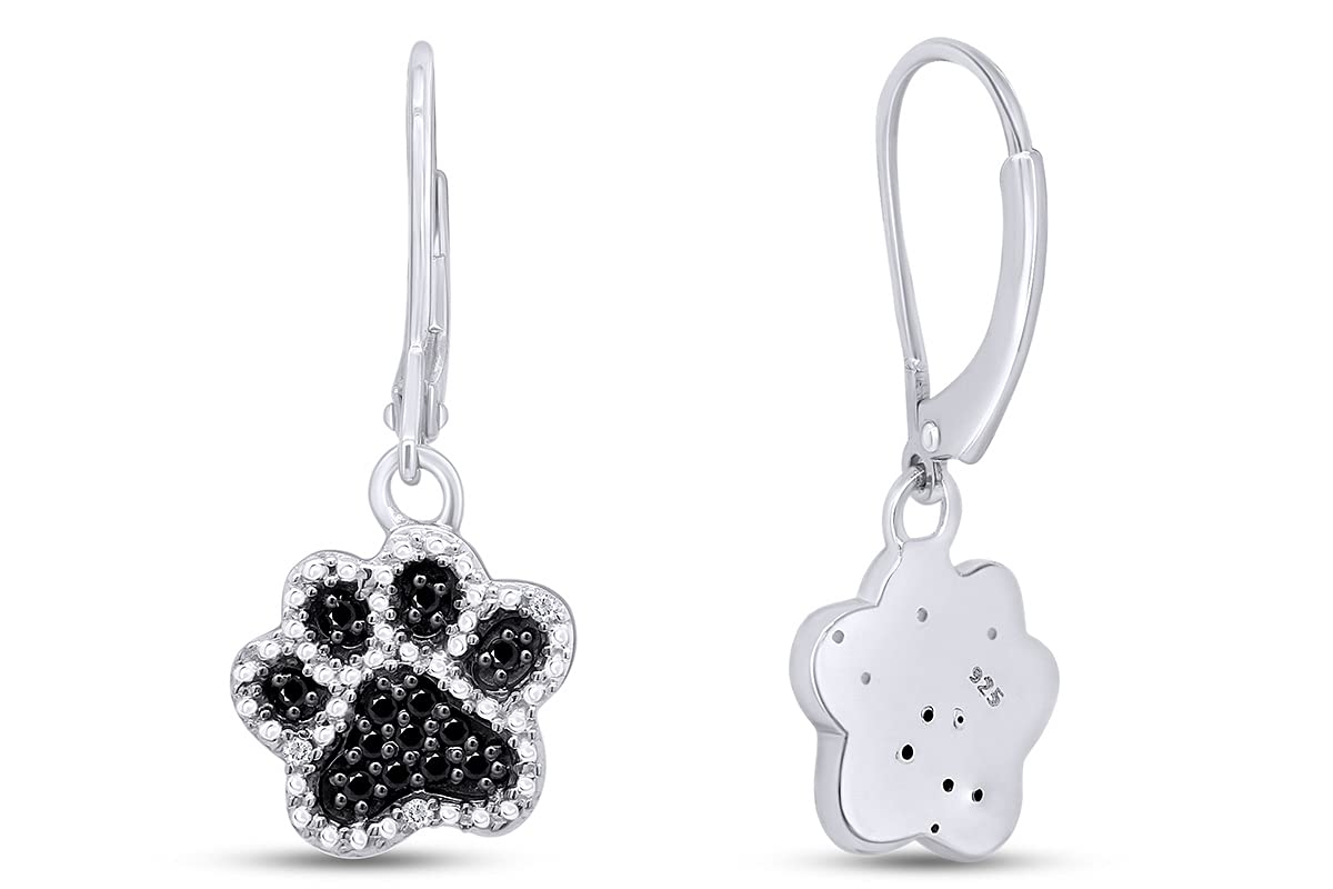 Black & White Natural Diamond Paw Print Dangle Earrings In 14K White Gold Over Sterling Silver (1/6 Ct)