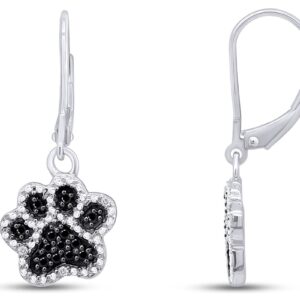 Black & White Natural Diamond Paw Print Dangle Earrings In 14K White Gold Over Sterling Silver (1/6 Ct)