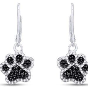 Black & White Natural Diamond Paw Print Dangle Earrings In 14K White Gold Over Sterling Silver (1/6 Ct)