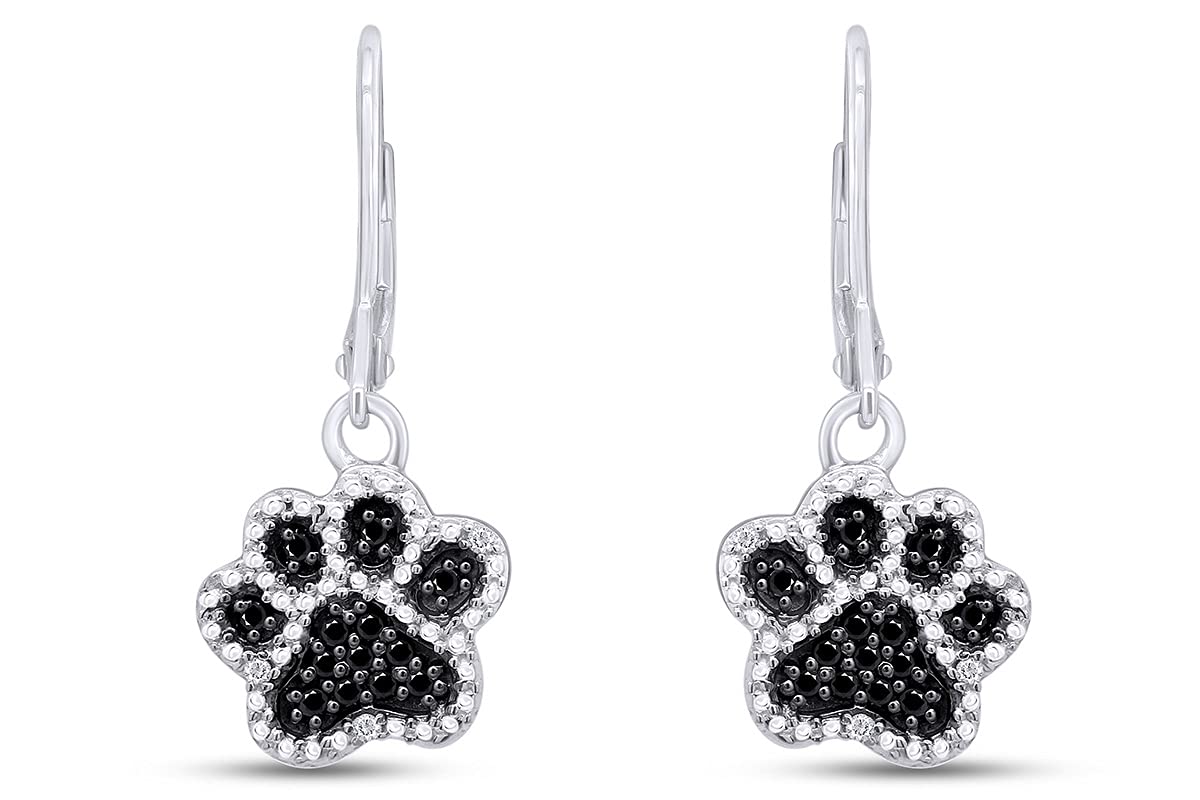 Black & White Natural Diamond Paw Print Dangle Earrings In 14K White Gold Over Sterling Silver (1/6 Ct)