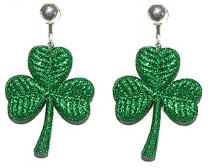 large green glitter shamrock st patrick's day clip on earrings (h040clip)