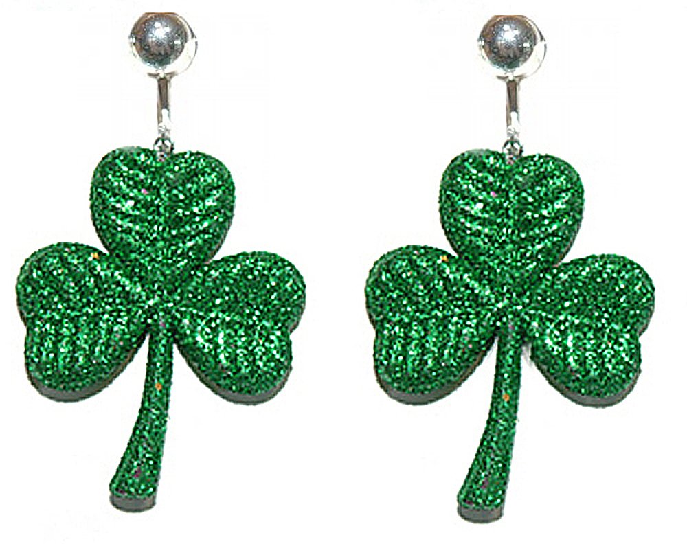 Large Green Glitter Shamrock St Patrick's Day Clip On Earrings (H040clip)