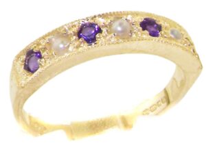 letsbuygold solid 10k .417 yellow gold cultured pearl and amethyst womens band ring - sizes 4 to 12 available