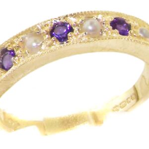 LetsBuyGold Solid 10k .417 Yellow Gold Cultured Pearl and Amethyst Womens Band Ring - Sizes 4 to 12 Available