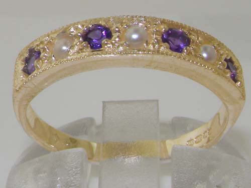 LetsBuyGold Solid 10k .417 Yellow Gold Cultured Pearl and Amethyst Womens Band Ring - Sizes 4 to 12 Available