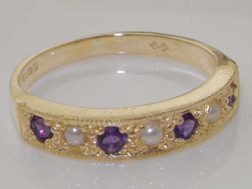 LetsBuyGold Solid 10k .417 Yellow Gold Cultured Pearl and Amethyst Womens Band Ring - Sizes 4 to 12 Available