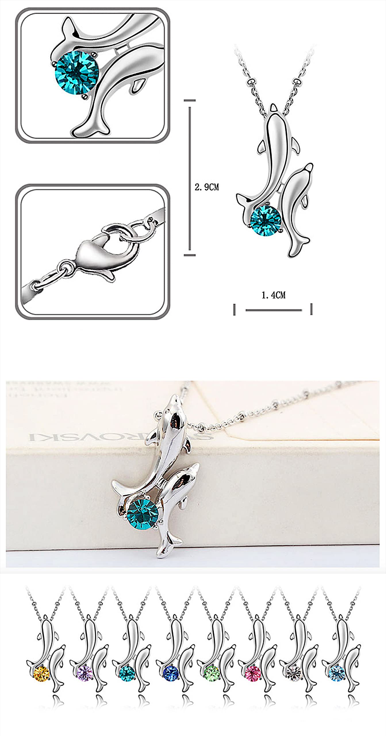 White Gold Plated Happy Play Dolphins with Round Cubic Zirconia Crystal Necklace Fashion Jewelry for Women (A Blue)