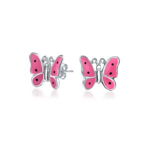 tiny dainty pink enamel garden butterfly shaped stud earrings for women for teen .925 sterling silver