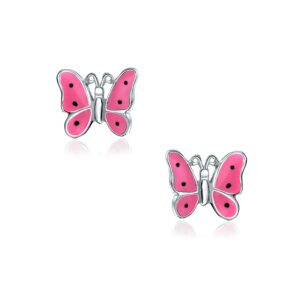 Tiny Dainty Pink Enamel Garden Butterfly Shaped Stud Earrings For Women For Teen .925 Sterling Silver