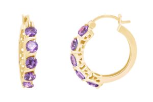 round cut purple february amethyst birthstone snap closure hoop earrings in 14k yellow gold over sterling silver