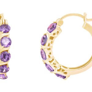 Round Cut Purple February Amethyst Birthstone Snap Closure Hoop Earrings In 14k Yellow Gold Over Sterling Silver