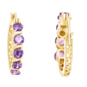 Round Cut Purple February Amethyst Birthstone Snap Closure Hoop Earrings In 14k Yellow Gold Over Sterling Silver