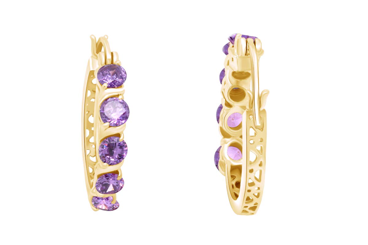 Round Cut Purple February Amethyst Birthstone Snap Closure Hoop Earrings In 14k Yellow Gold Over Sterling Silver